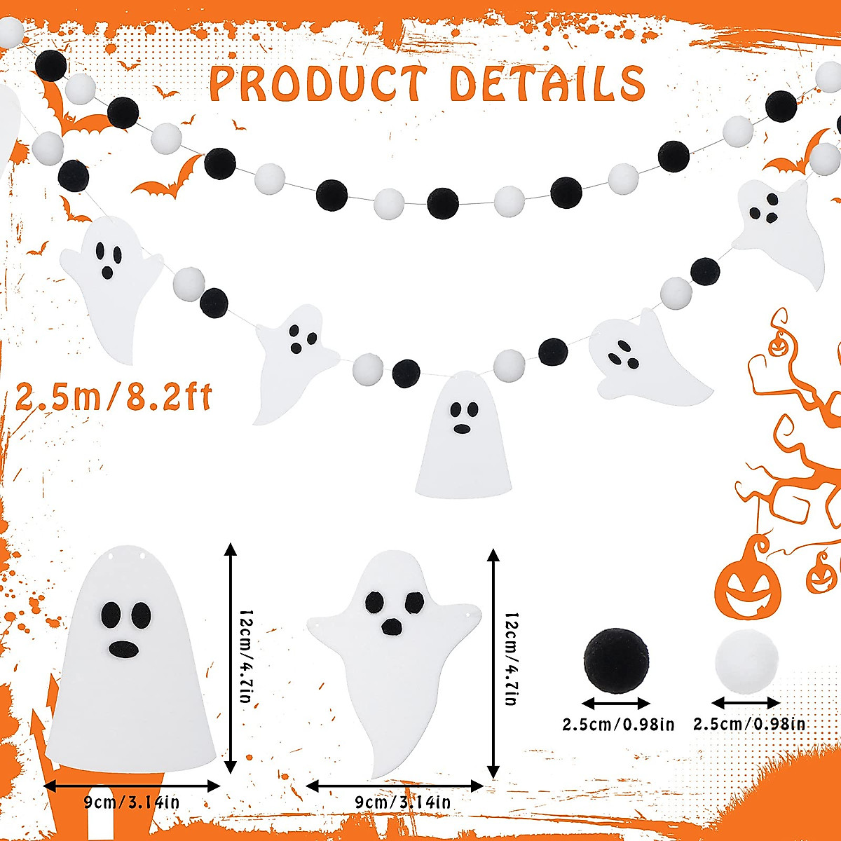 3 Pieces Halloween Ghost Pom Pom Ball Garlands Halloween Theme Banner Black and White Felt Ball Halloween Ghost Hanging Decorations for Haunted Houses Doorways Indoor Outdoor Home Mantel Decorations