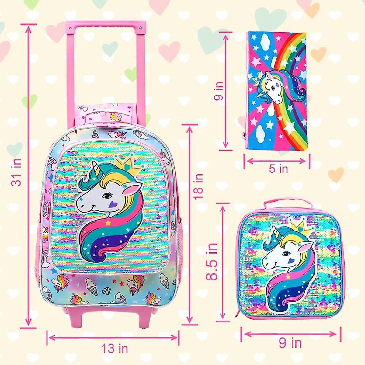 AGSDON 3PCS Rolling Backpack for Girls, Kids Roller Wheels Bookbag, Wheeled School Bag with Lunch Bag - Unicorn