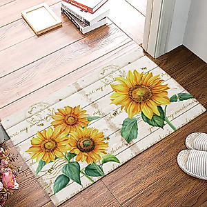 Farm Floral Sunflowers Bee Vintage Wooden Planks, Bathroom Shower Mat Doormat Non Slip,Floor Rug Absorbent Carpets Floor Mat Home Decor for Kitchen Bedroom Rug, 16"X 24"