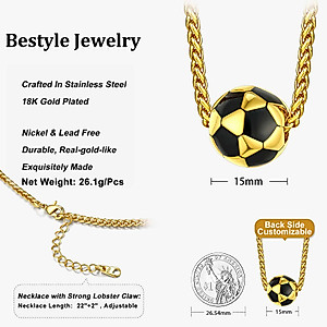 Bestyle 18K Gold Plated Soccer Football Pendant Necklaces Stainless Steel Sport Chain Trendy Women Men Sport Fan Jewelry Gift Soccer Charm Necklace for Football League/World Cup