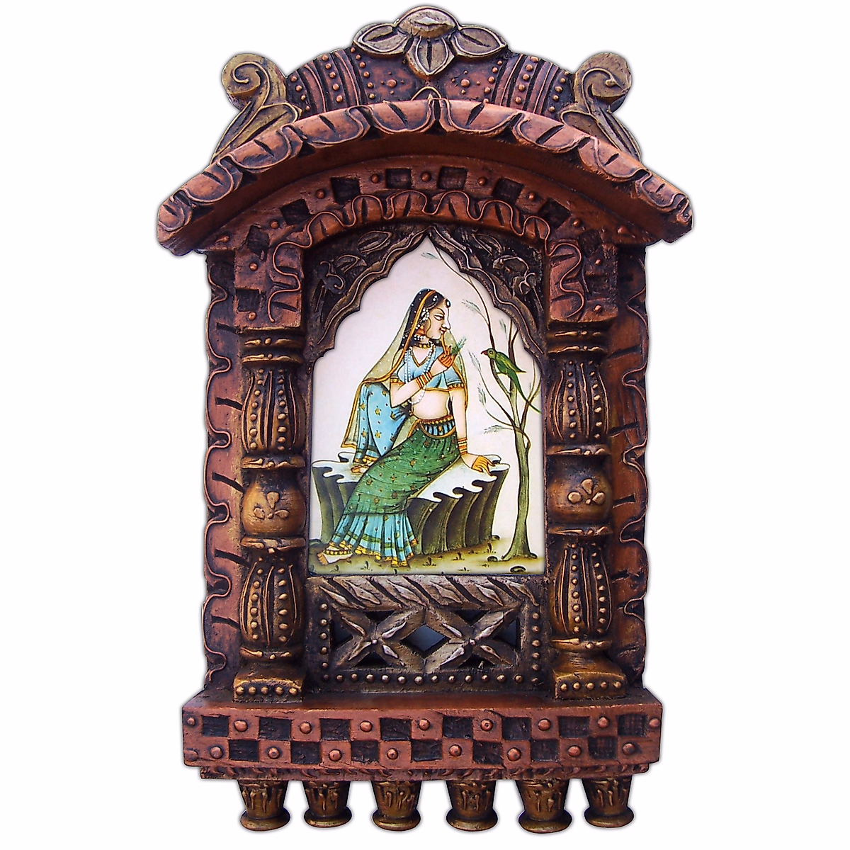 SANVIKA Lady Enjoying with Parrot, Rajasthani Traditional Jarokha Wood Jharokha elegant and Decorative Wood Craft for Home Decor and Gifts
