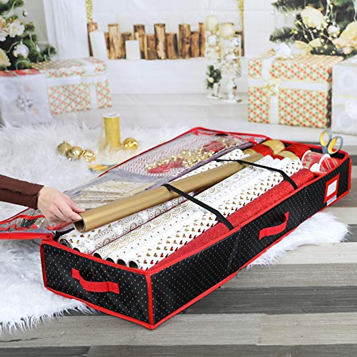 CLOZZERS Wrapping Paper Storage Container, with 2 Large Pockets for Accessories and Supplies, Heavy Duty Wrapping Paper Holder, Tear Resistant and Water Resistant, Fits up to 24 Standard Rolls, Black Tree Print