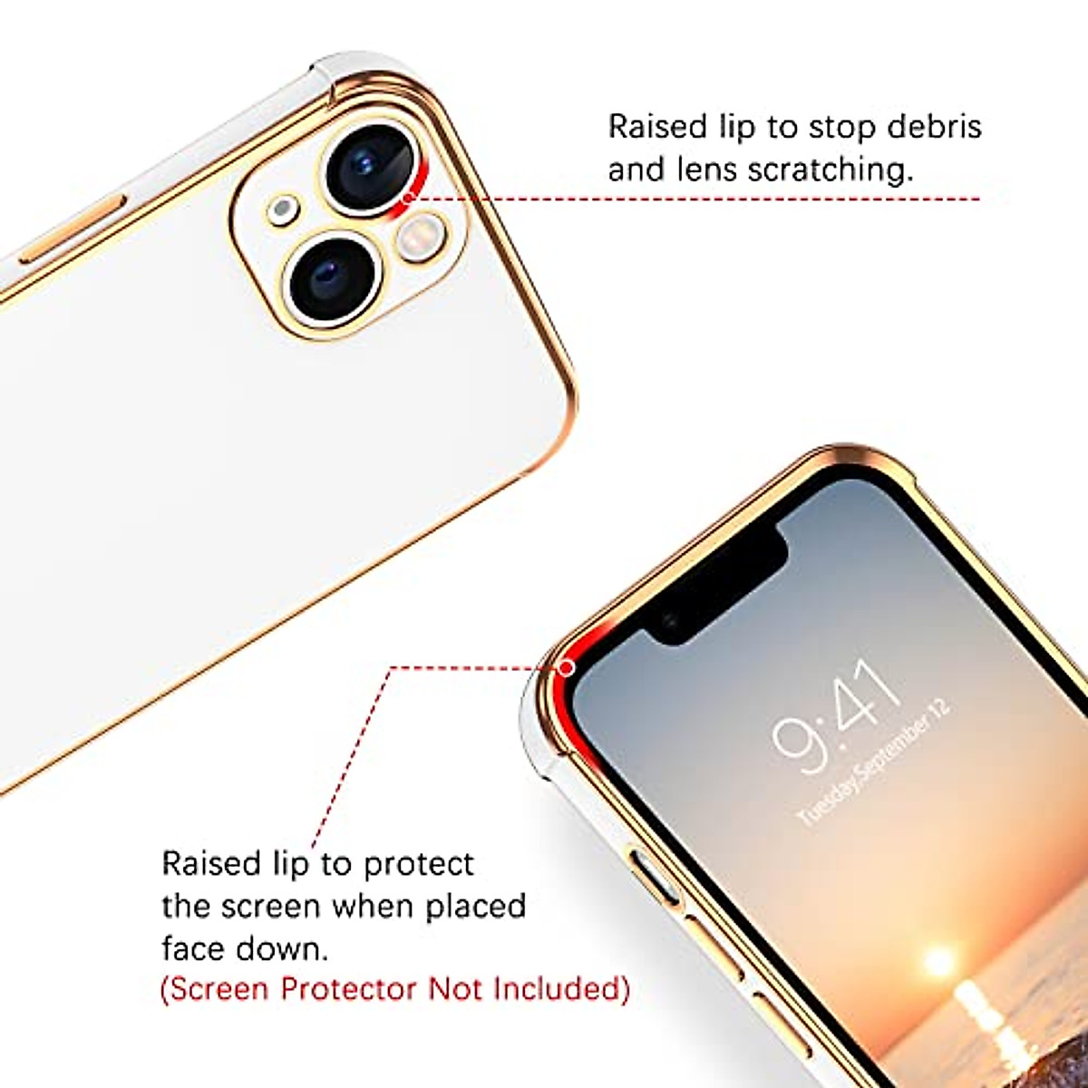 BENTOBEN iPhone 13 Case, Phone Case iPhone 13 6.1, Slim Thin Luxury Gold Design Shockproof Protective Soft TPU Bumper Drop Protection Cute Case for Girls Women Boys Men iPhone 13 Cover, White/Gold