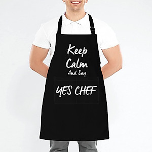 Cilouebghg Keep Calm and say yes chef Design Funny Cooking Chef Apron with Pockets BBQ Kitchen Work Apron Birthday Dad Creative Gifts For Women/Man