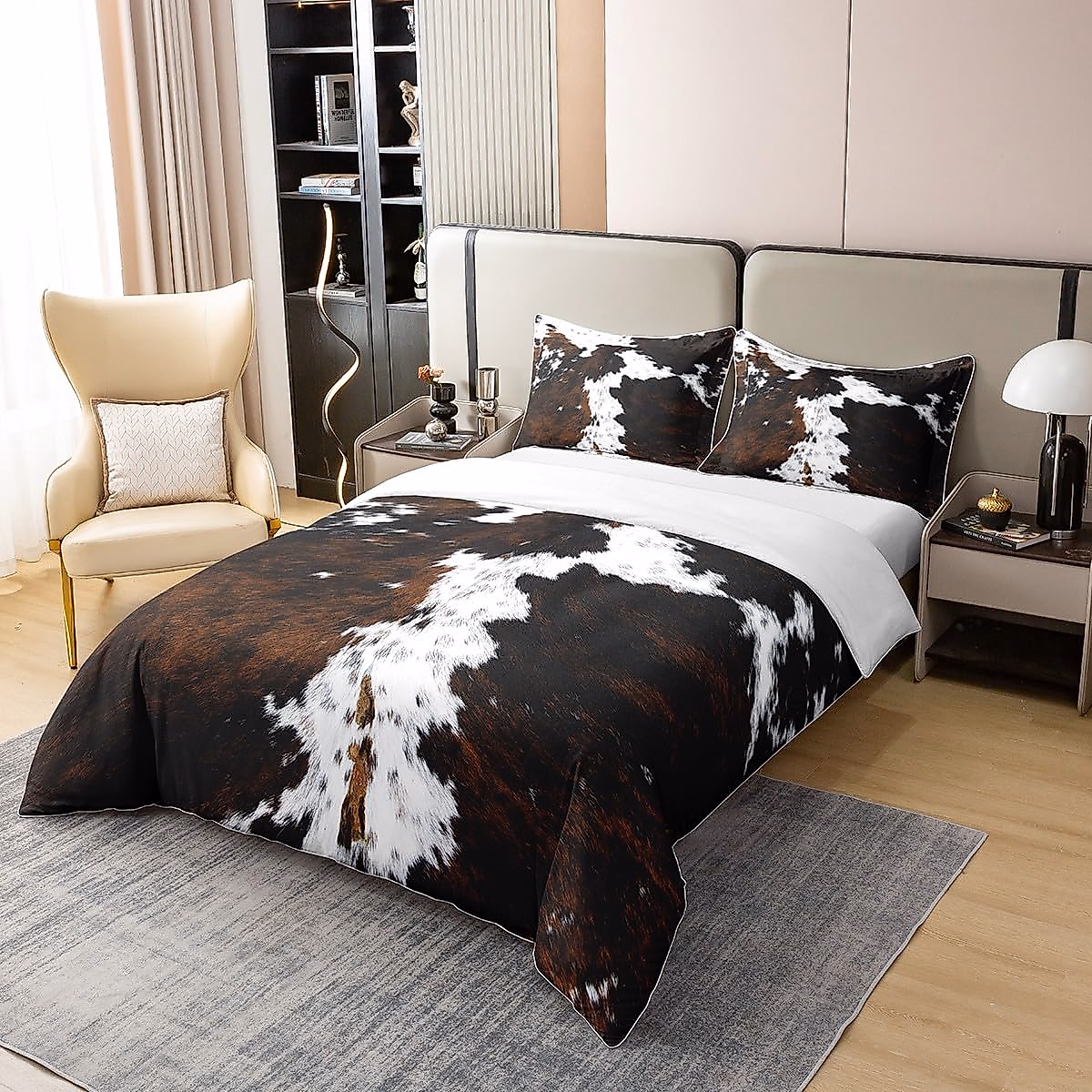 Cowhide Print 100% Cotton Duvet Cover for Kids Adults,Brown White Cow Fur Pattern Bedding Set King,Rustic Farmhouse Style Wild Animal Comforter Cover 3 Pcs with 2 Pillowcases
