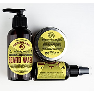 Medicine Man's Beard & Mustache Care Kit: Itchy Beard Wash 4,7 FL OZ, Anti Itch Beard Oil 2 FL OZ, Beard & Mustache Balm 2 FL OZ - in a Mustache Stamped Linen Pouch