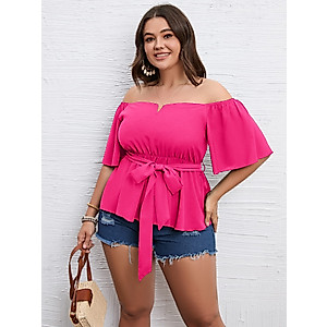 SCOMCHIC Women's Plus Size Off The Shoulder Peplum Blouse Top Half Bell Sleeve Tie Waist Ruffle Hem Babydoll Tops Rose Red