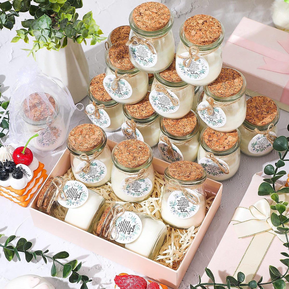 Threlaco 20 Pcs Baby Shower Favors Party Candle Lavender Scented Jars Candle Bulk Glass Mason Jar Candles Wax Candle for Guests Gender Reveal Party Gifts(Leaf)