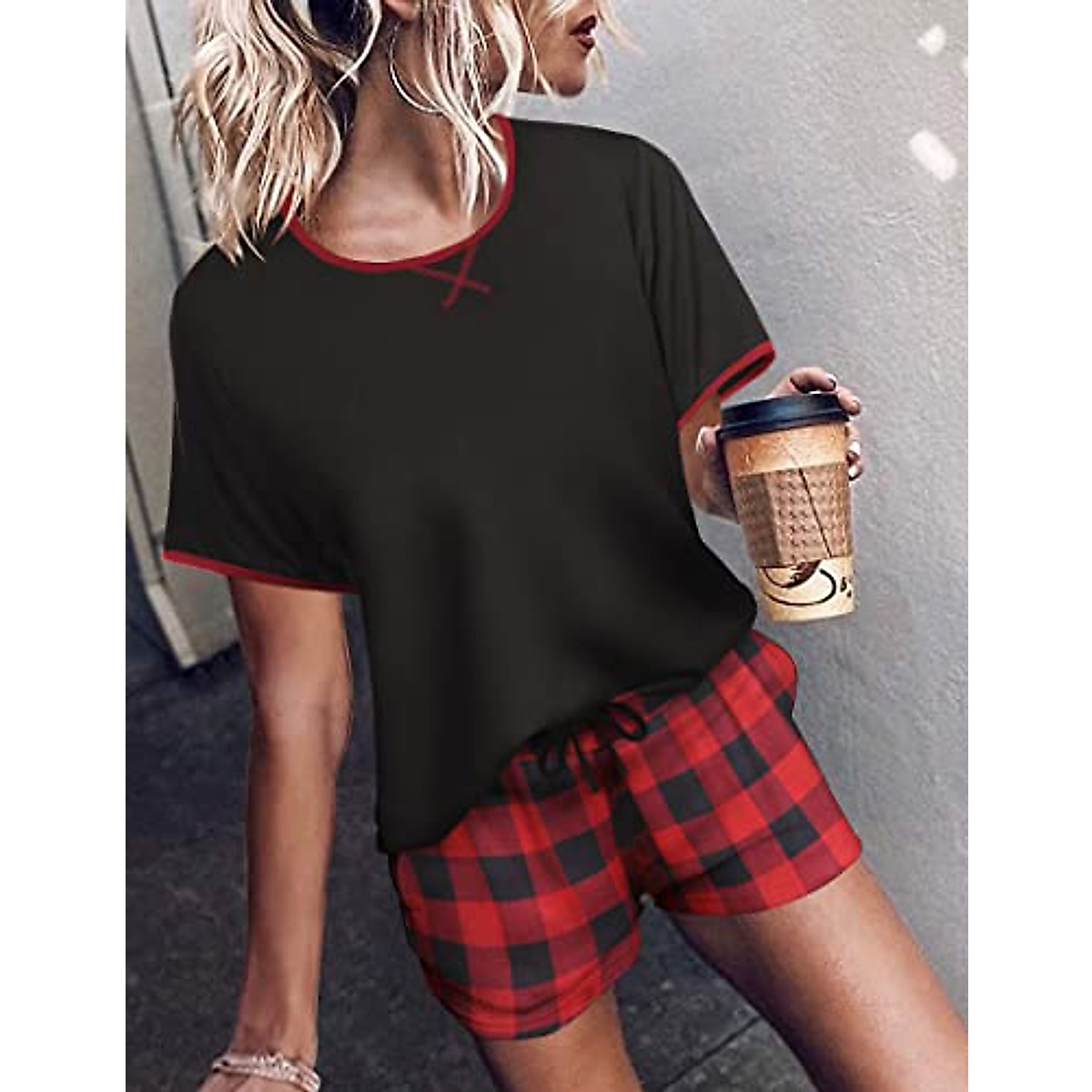 Ekouaer Pajamas Women Short Sleeve with Plaid Shorts Soft Sleepwear Sleep Set Casual Lounge Pj Set,Black, Red Plaid