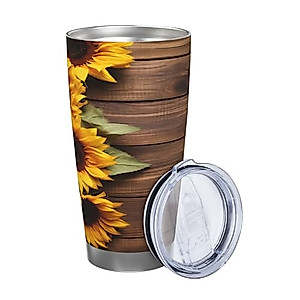 AYCZN Sunflower Wood Board 20 OZ Tumbler Stainless Steel Travel Coffee Mug, Vintage Insulated Water Bottle with Lid and 2 StrawsLeakproof Thermal Cup