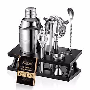 KITESSENSU 6-Piece Bar Set Cocktail Shaker Set - Mixology Bartender Kit with Stand - Silver Bar Kit for Drink Mixing - Bar Tools: Martini Shaker, Jigger, Strainer, Bar Spoon, Tongs, Opener