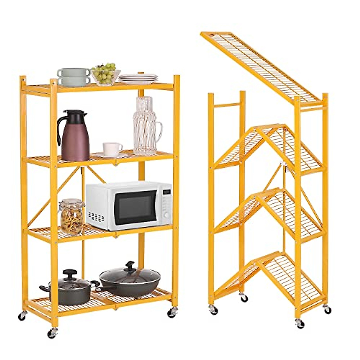 ShanSon Storage Shelves with Wheels 4 Tier Heavy Duty Foldable Metal Rack Storage Shelving Units for Garage Kitchen，Yellow