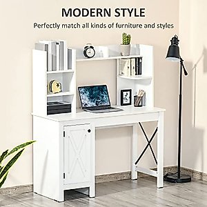 HOMCOM Farmhouse Computer Desk with Hutch and Cabinet, Home Office Desk with Storage, for Study, White