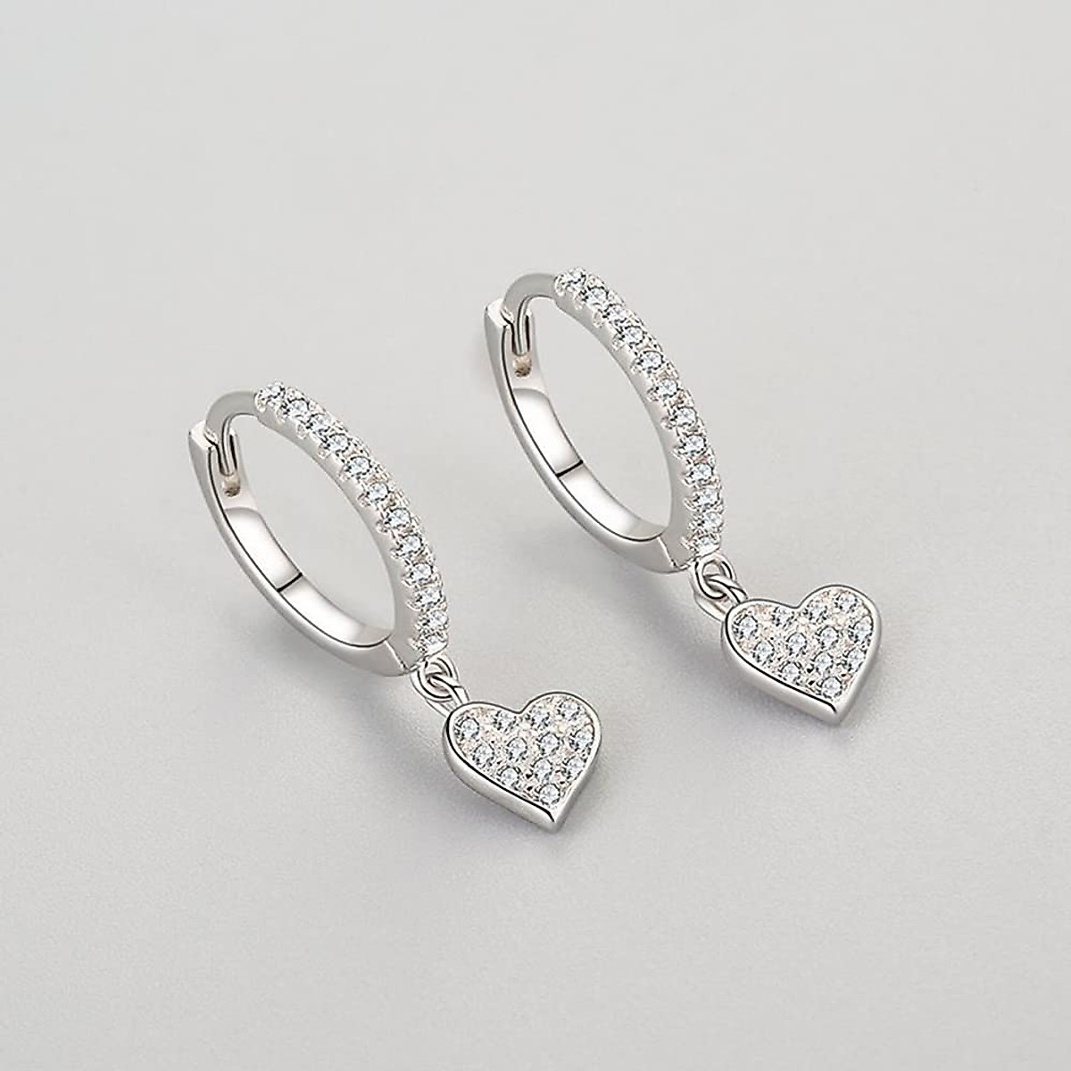 CZ Love Heart Dangle Hoop Earrings 925 Sterling Silver Sparkling Crystal Rhinestone Small Huggie Hoops Cartilage Earring Dangling Drop Hinged Earringfor Women