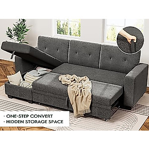 YESHOMY Sofa Bed Reversible Convertible Sleeper Pull Out Couches with Storage Chaise, Linen Fabric Furniture for Living Room, Bedroom, Apartment, Dark Gray