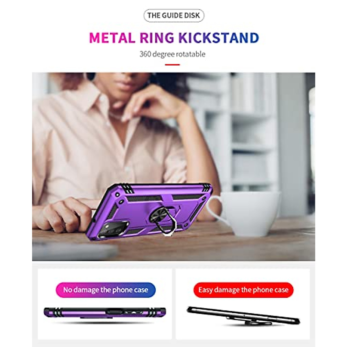 Androgate for Galaxy A03S Case, Samsung A03S Case with HD Screen Protector, Military-Grade Ring Holder Stand Car Mount 15ft Drop Tested Cover Phone Case for Samsung Galaxy A03s, Purple