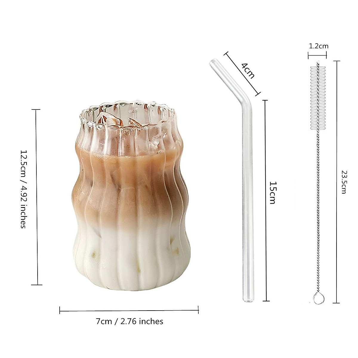 Iced Coffee Cup with Straw 18 oz Glass Clear Ripple Coffee Mug with Glass Straw and Straw Cleaner Brush Ribbed Glassware Boba Cup Smoothie Cup Water Glasses