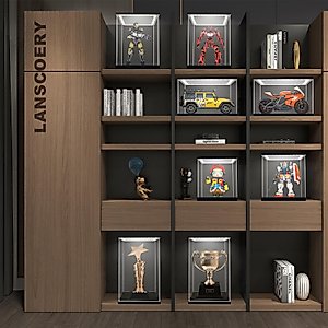 LANSCOERY Clear Acrylic Display Case with LED Light, Large Showcase and Display Box, Dustproof with UV Protection, Perfect for Figures Collectibles - 11.8x11.8x15.7inch