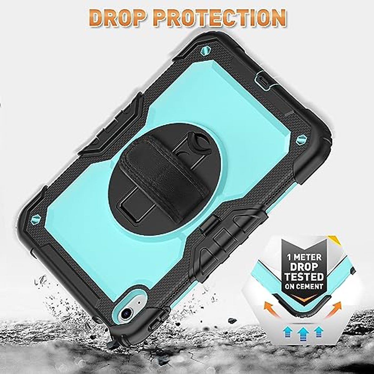 KEYCAUP Case for iPad 10th Generation 10.9 inch, Case for iPad 10 Gen: with Strong Protection, Screen Protector, Hand Strap, Shoulder Strap, 360° Rotating Stand, Pencil Holder - Light Blue