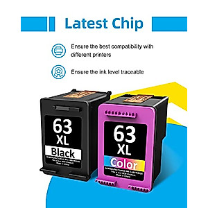 63 XL 63XL Ink Cartridges Remanufactured for HP 63XL Ink Cartridge for HP Printers Envy 4520 4512 4513 4516 Officejet 3830 4650 4652 4655 Envy 4520 4512 Deskjet 1112 3630 3632(1 Black,1 Tri-Color)