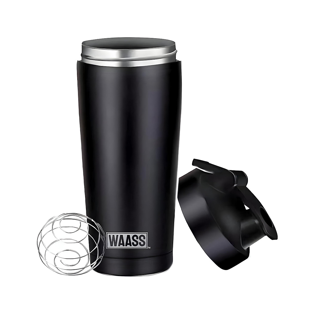 WAASS Double Wall, Stainless Steel Vacuum Insulated Protein Shaker Bottle with Mixer Ball for Gym - Leakproof One-Click Lid - BPA-Free Metal Smoothie Cup for Hot & Cold Drinks (Black)