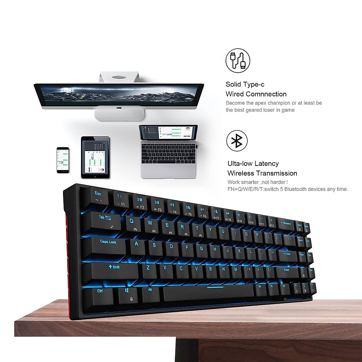 RK ROYAL KLUDGE RK71 Wireless Mechanical Keyboard 70% 71 Keys Bluetooth Tenkeyless USB Wired Compact Keyboard Portable Gaming/Office with Stand-Alone Arrow Keys for Windows MacOS(Black-Brown Switch)