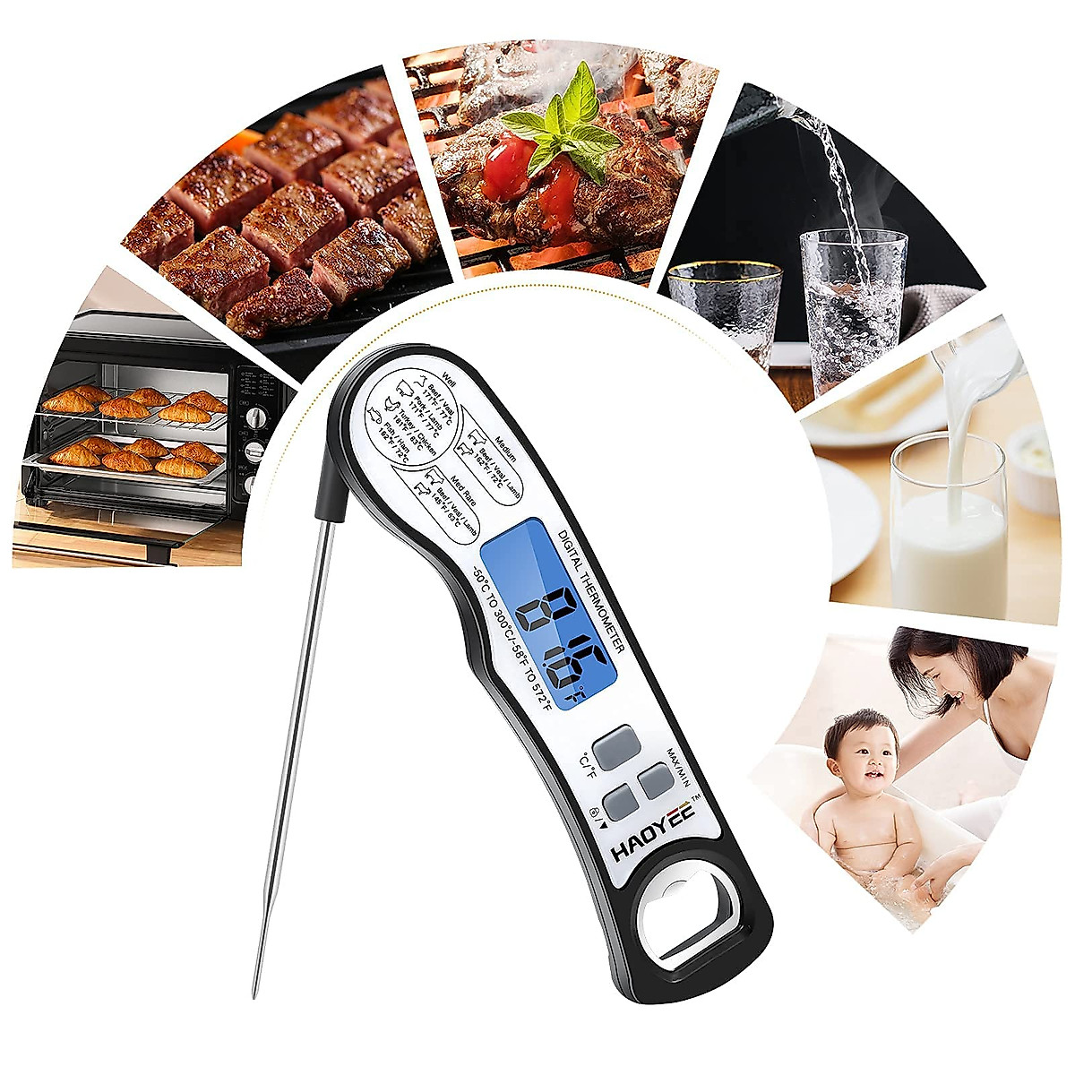 HAOYEE Digital Meat Thermometer, Premium Multifunctional Food Thermometer with LCD Display, Long Probe and Magnetic, Suitable for Home and Kitchen Barbecue Edible Oil Frying, Baking, etc.