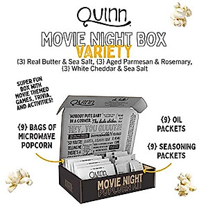 Quinn Movie Night Popcorn Variety Gift Kit, 3 Flavors - Real Butter, Parmesan & Rosemary, White Cheddar, Non-Gmo, Organic Popcorn Kernels (9 bags)