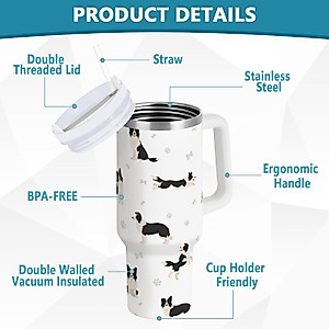 MCHIVER Border Collie 40 oz Tumbler with Handle and Straw Stainless Steel Vacuum Water Bottle Leak-proof Travel Coffee Mug Insulated Water Bottle for Home Car Office