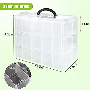 Large size Craft Storage Box with 30 Adjustable Compartments 3-Tier Bead Storage Organizer Clear Stackable Plastic Box Containers with Handle for Arts Jewelry Toy Sewing Accessories Beauty Supplies