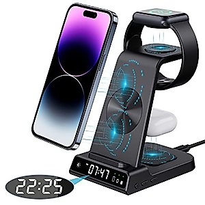 Wireless Charging Station for Apple Multiple Devices, 3 in 1 Wireless Charger with Clock for iPhone 14 Pro Max/14 Pro/14/13/12/X/XR, AirP od Pro 3/2, Apple Watch Stand for iWatch Series 8/7/6/SE