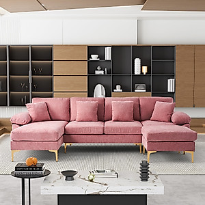 OUYESSIR U-Shaped Sectional Sofa for Living Room, 4 Seat Sofa Set Convertible L-Shaped Couch Set with Chaise Lounge, Ottoman and Pillows,114 inches, Light Pink Chenille