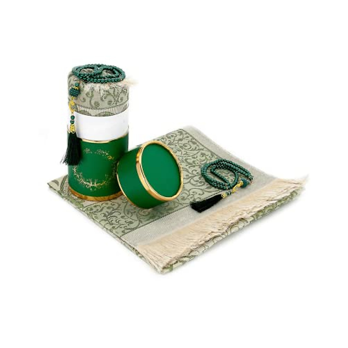 Prien Muslim Prayer Rug, Prayer Beads, Figured Cylinder Gift Box, Muslim Set Pearl Tasbih, Sajadah, Elegant Islamic Gifts, Soft Praying Mats, Light Prayer Carpet Mat, Taffeta Fabric (Green)