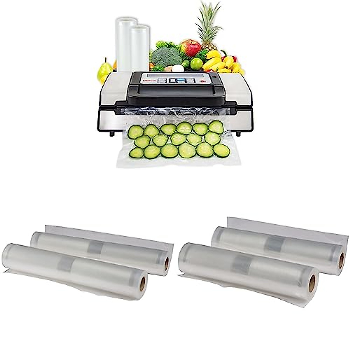 Nesco Deluxe Food VS-12 Vacuum Sealer, Silver & VS-04R Two 11" x 20' Vacuum Sealer Rolls & Vacuum Sealer Bags 8" x 20", Use for Sous Vide or Meal Prep, BPA Free