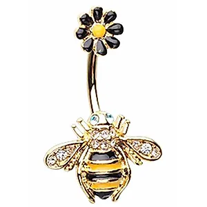 Body Accentz Belly Button Ring Golden Queen Bee Black Daisy Navel Ring 14 gauge 3/8'' bar