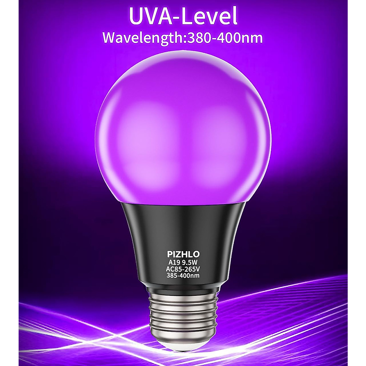 PIZHLO 4 Pack 9.5W LED Black Light Bulb, A19 E26 Black Shell Blacklight LED Bulb, 385-400nm, Glow in The Dark for Blacklight Party, Body Paint, Fluorescent Poster, Halloween, Valentine's Day