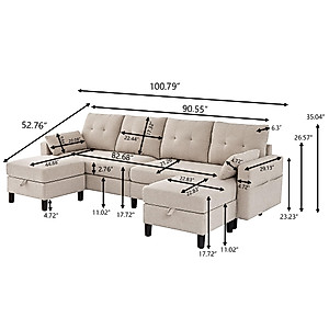 Tornama 101" Sectional Sofa Couch, Modern Polyester Convertible U Shaped Couch with Double Chaise and Storage Pocket, 4-Seat Sofa Set for Living Room, Beige