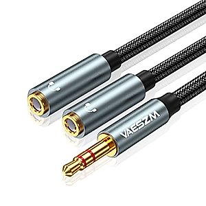 VAESZM Headphone Splitter, 3.5mm Y Splitter Audio Stereo Cable Male to 2 Female Extension Cable Jack Adapter Earphone Headset Cord for Laptop Smartphone(Male to 2 Female, 1.14FT)