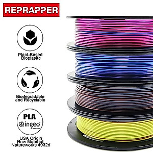 Reprapper 4X 250g Color Pack, Triple Color Filament Coextrusion PLA Filament 1.75mm for 3D Printer & 3D Pen, 4 Spools Silk Rose/Blue/Green, Red/Blue/Gold, Green/Blue/Yellow, Gold/Copper/Black