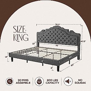 WEEWAY King Bed Frame with Tiara Curved Headboard and High Resilience, Linen Fabric Upholstered Diamond Button Tufted Platform Bed with Wood Slats/No Box Spring Needed/Easy Assembly/Dark Grey