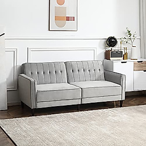 HOMCOM Convertible Sleeper Sofa, Futon Sofa Bed with Split Back Design Recline, Thick Padded Velvet-Touch Cushion Seating and Wood Legs, Light Grey