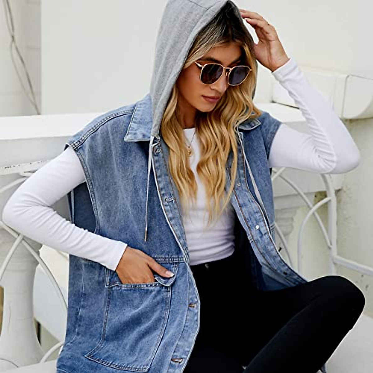 Perbai Women's Distressed Oversized Button Down Sleeveless Denim Vest with Detachable Hoodie(B HoodedBlue-S)