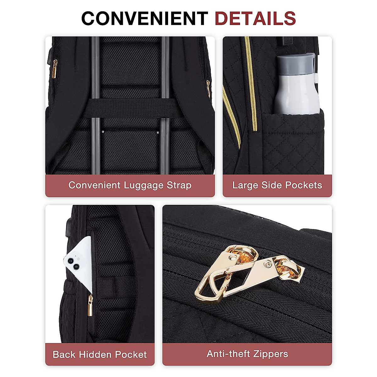 BAGSMART Travel Laptop Backpack Women 17.3 Inch Computer Backpack with USB Charging Port College Bookbag Work Business, Quilted Black