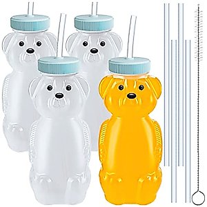 4 PCS Honey Bear Straw Cup, Baby Straw Cups with 8 Flexible Straws and 1 Straw Brushes, 8oz Special Supplies Juice Bear Bottle for Infant Feeding, Drinking Needs of Those with Poor Oral Health (Blue)