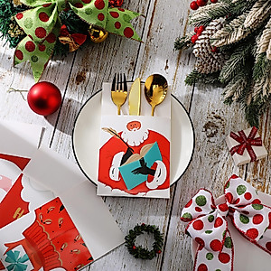Zhanmai 48 Pcs Christmas Santa Claus Silverware Holders Xmas Utensil Holder Pockets Christmas Cutlery Holder Claus Tableware Holder Bags Knifes Forks Bag for Holiday Christmas Table Setting Decoration