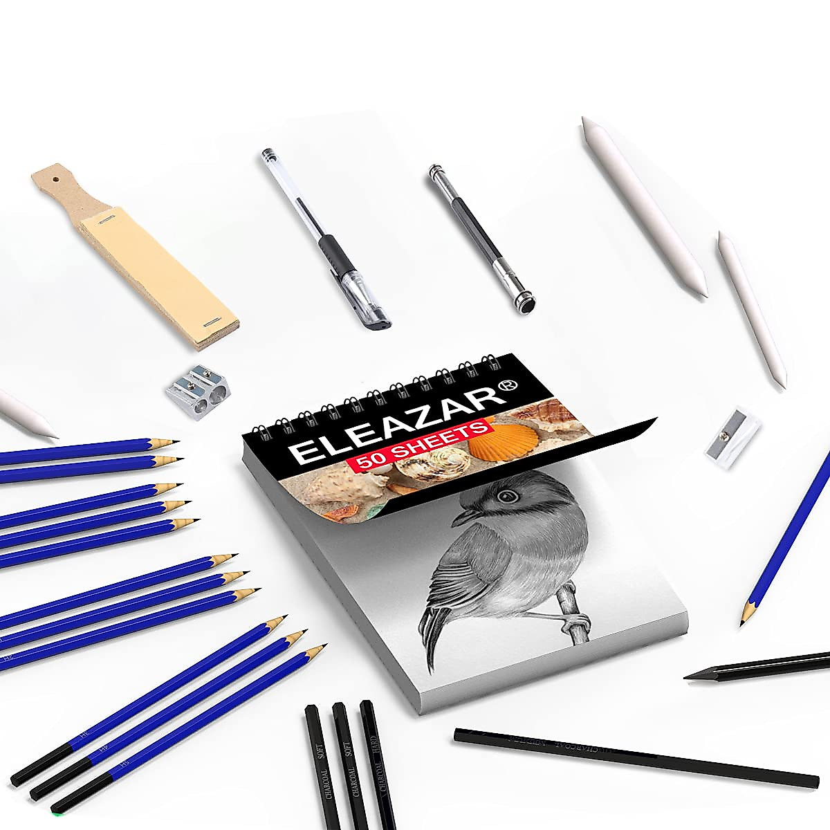 ELEAZAR35 Drawing Pencil Set in a portable zippered case (with 50-page A5 sketchbook) Includes sketching pencils and accessories for children, adults, beginners and professionals