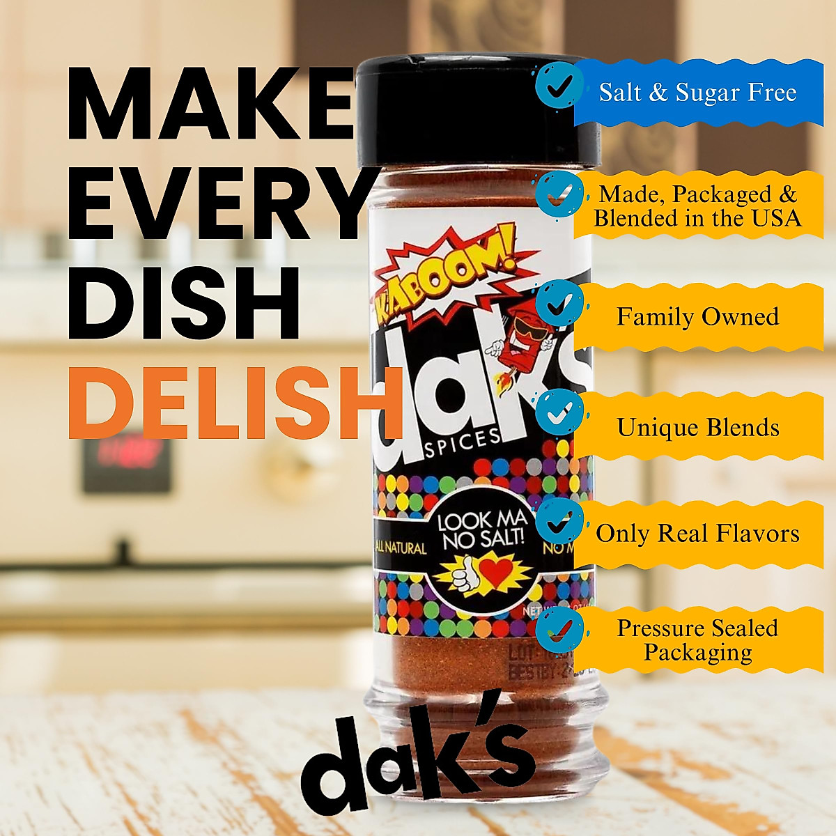 DAK's Spices Kaboom Mouth Watering Seasoning Blend | 100% Salt & Sugar Free | Premium & Healthy Seasoning | MSG Free, Preservative Free, Potassium Chloride Free | Low Carb & Keto Friendly | Perfect for Clean Eating & Adding Flavor to Recipes | 1.5 oz