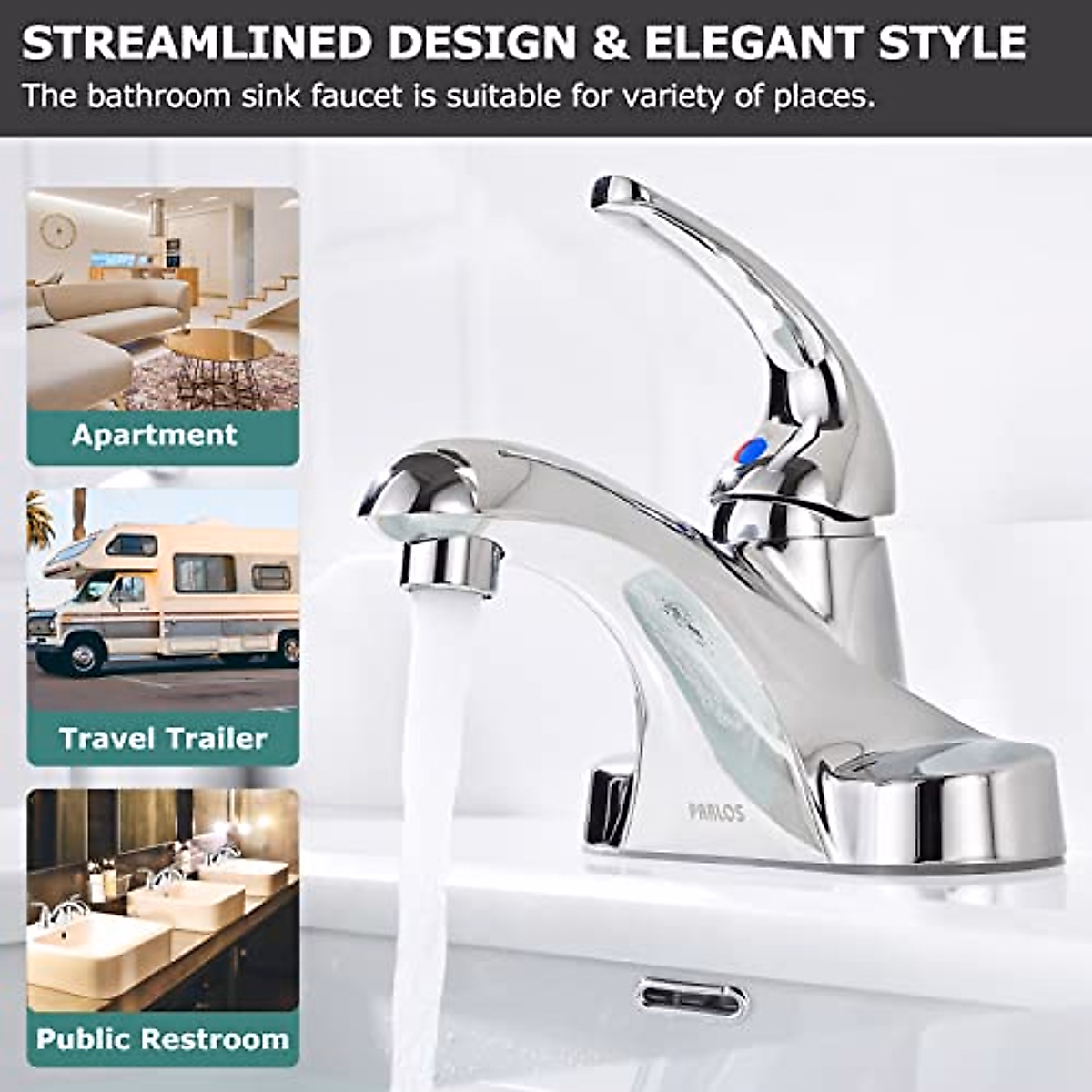 PARLOS Single Handle Mid Arc Centerset Bathroom Sink Faucet with Metal Drain Assembly and cUPC Faucet Supply Lines, Lead-Free, Chrome 13433