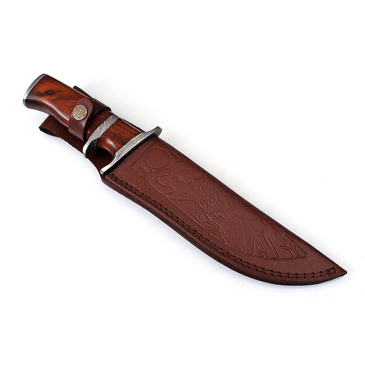Damascus Hunting Knife, Handmade Full Tang Knife - Wood Handle Knife, Hand Forged Fixed Blade Knife & Bowi Knife - Camping Knives & Hiking Knives, Rose Wood Handle - Leather Knife Sheath