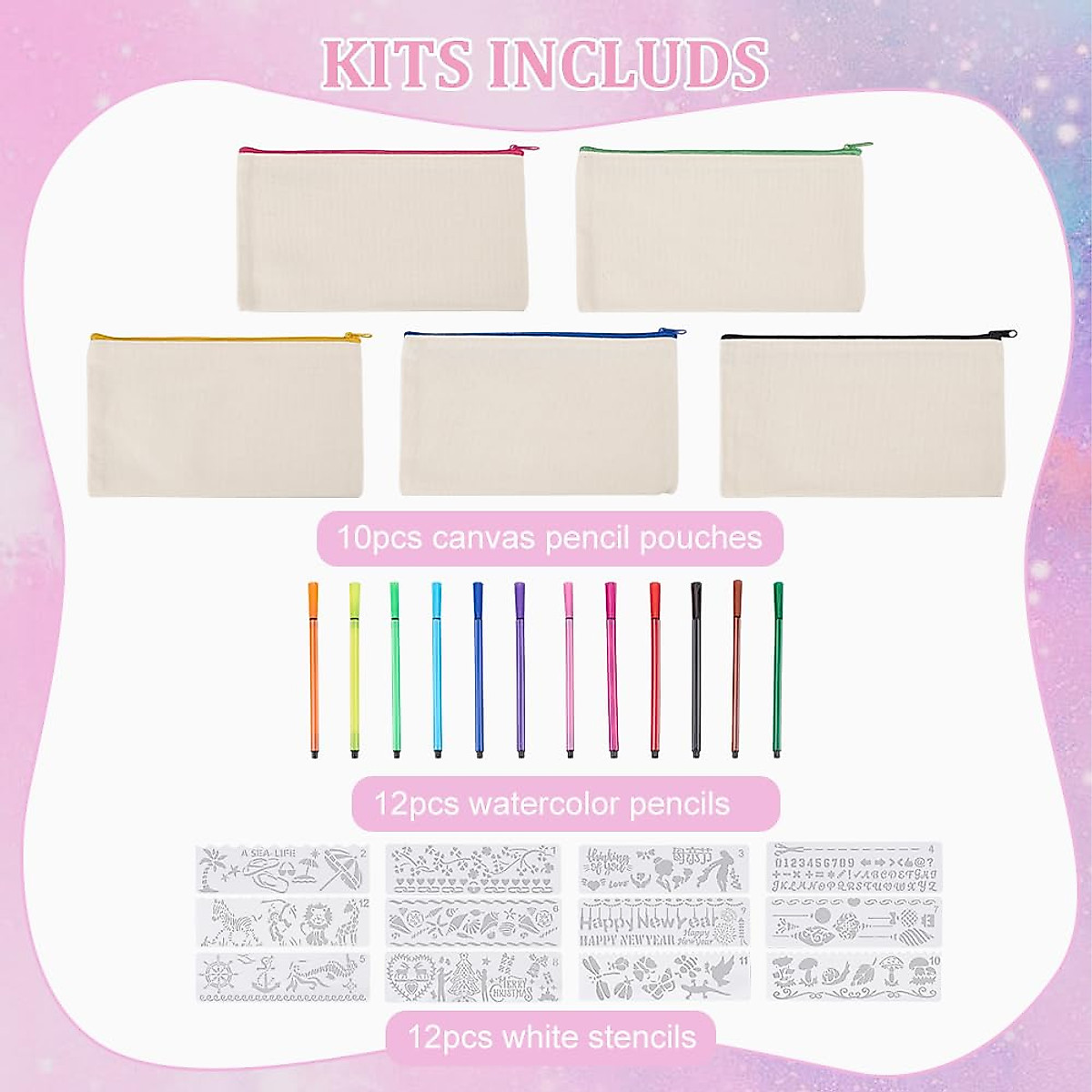 WEBEEDY 10 Sets Blank DIY Craft Bag Kit Decorate Your Own Canvas Pouch Zipper Pen Pencil Case Painting Makeup Bag Invoice Bill Bag Multi-Purpose Travel Toiletry Bags